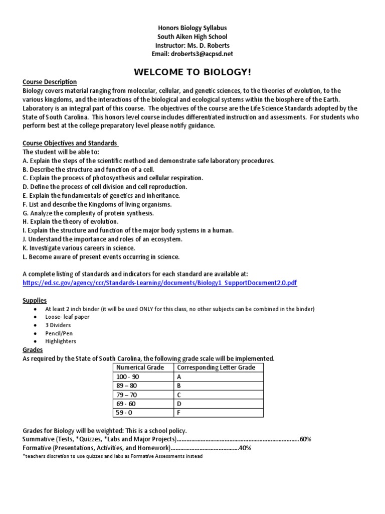 Honors Biology Syllabus Overview | PDF | Academic Integrity | Biology