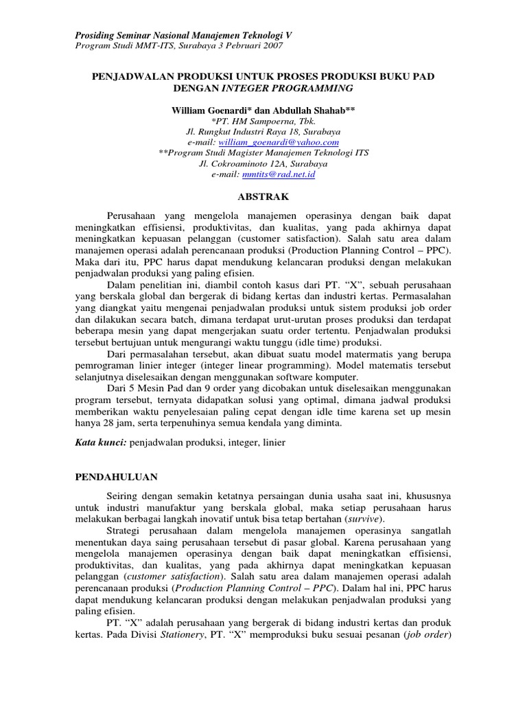 Penjadwalan Produksi Untuk Proses Produksi Buku Pad Dengan Integer Programming PDF | PDF