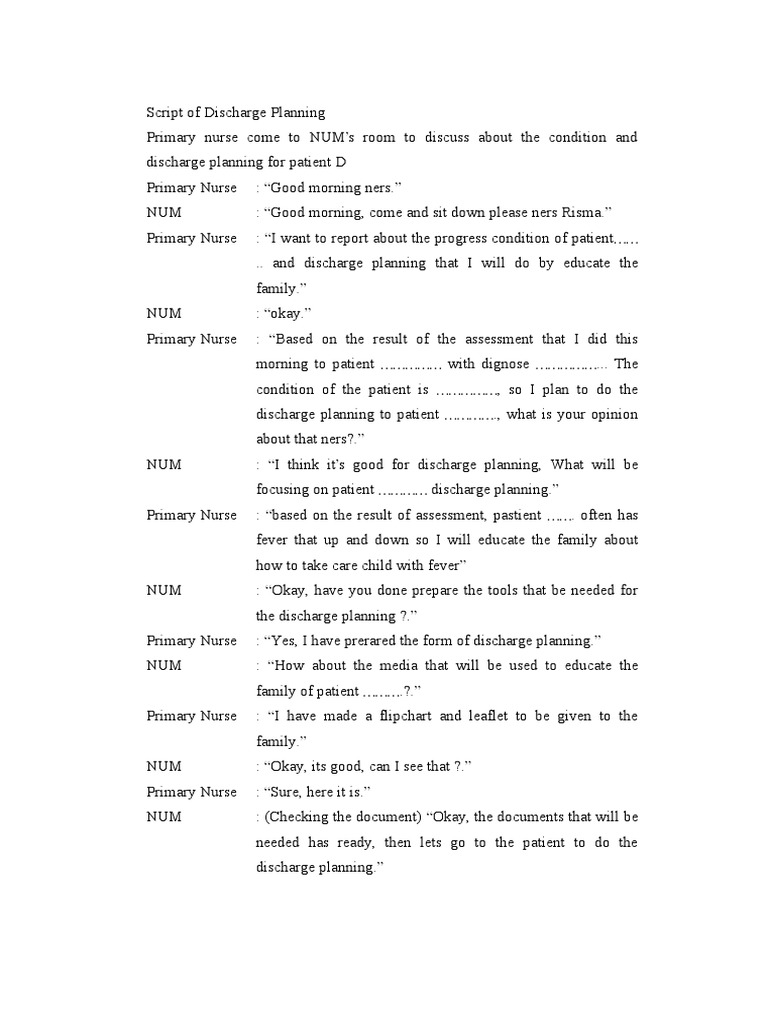 Script of Discharge Planning | PDF | Nursing | Patient