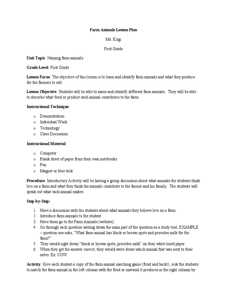 Farm Animals Lesson Plan for First Grade | PDF