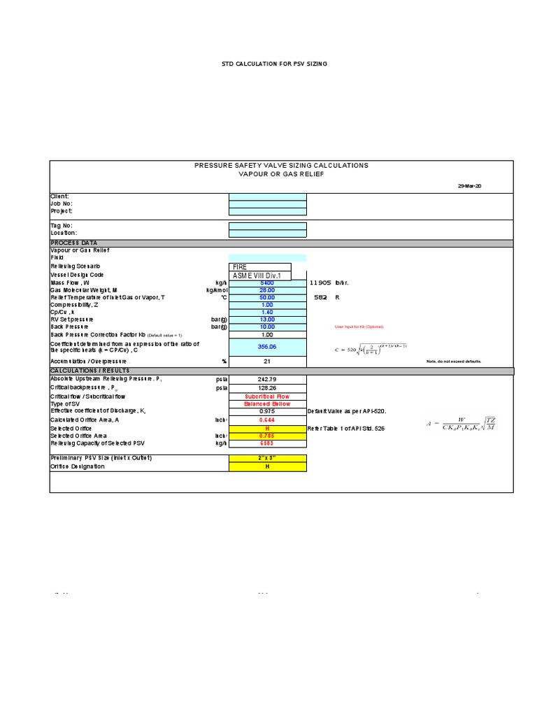 Pressure Safety Valve Sizing Calculation Rev 01 | PDF