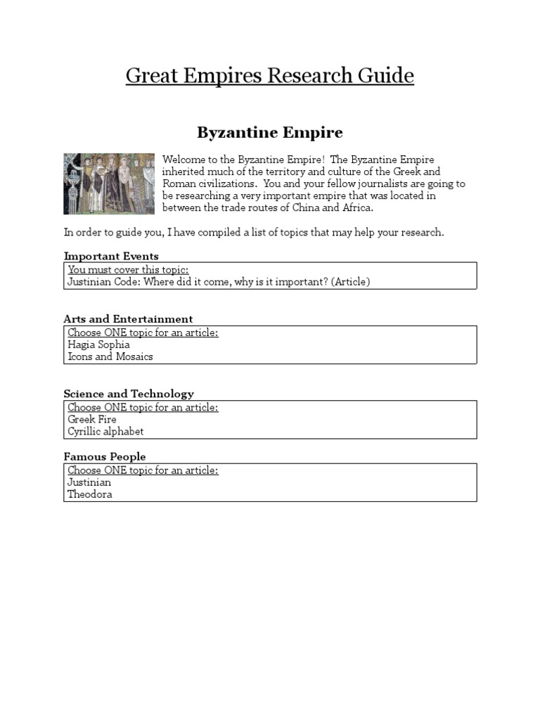 Great Empires Research Guide: Byzantine Empire | PDF