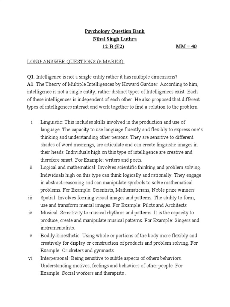 Psychology Question Bank | PDF | Intelligence | Psychological Testing