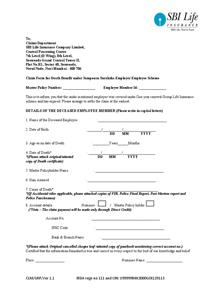 Sampoorna Surkasha Claim Form Employer Employee Non Edli | PDF | Life ...