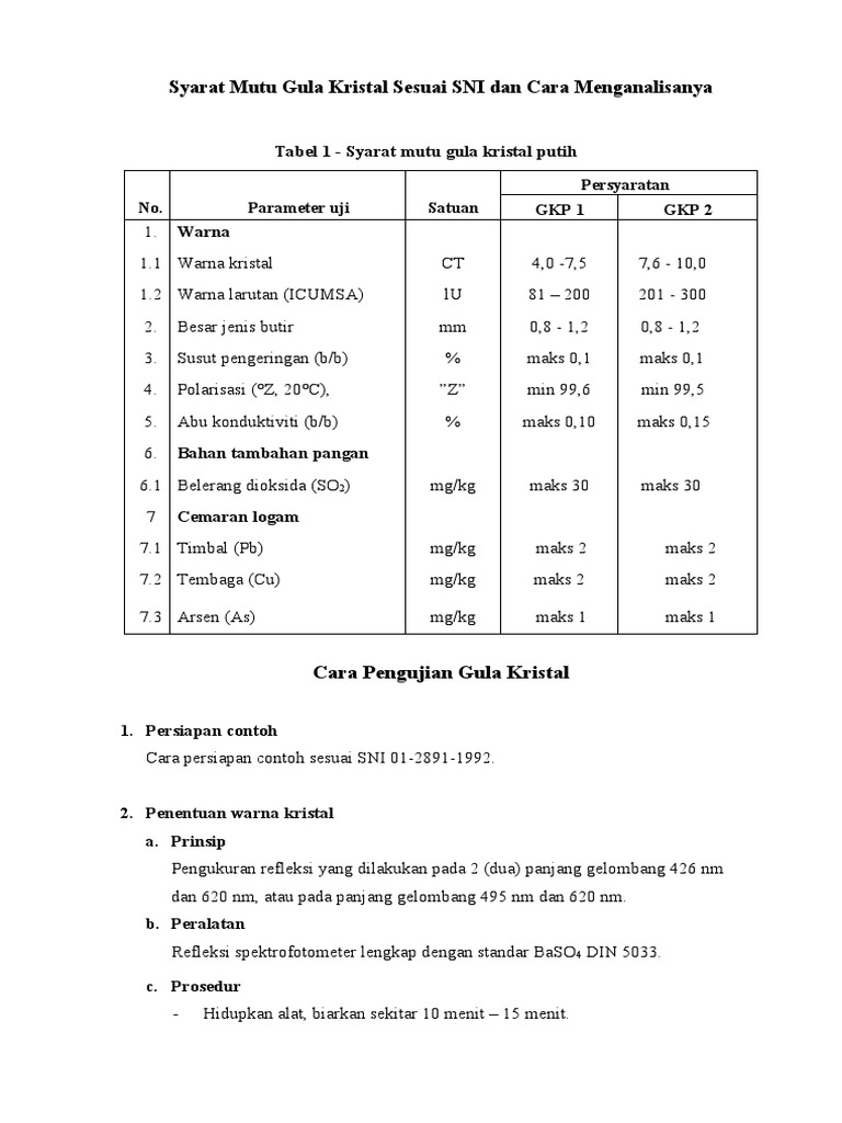 Syarat Mutu Gula Kristal Sesuai Standar SNI Dan Cara Menganalisanya | PDF