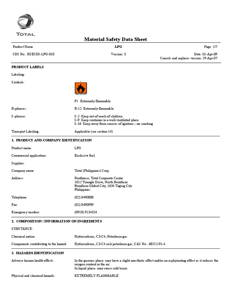 MSDS of LPG | PDF | Firefighting | Liquefied Petroleum Gas