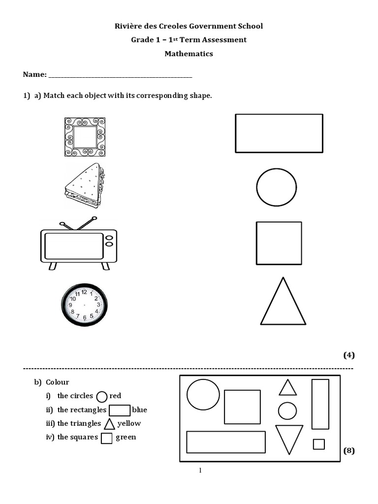 Grade 1 Mathematics Assessment: Identifying Shapes, Numbers, and Time ...
