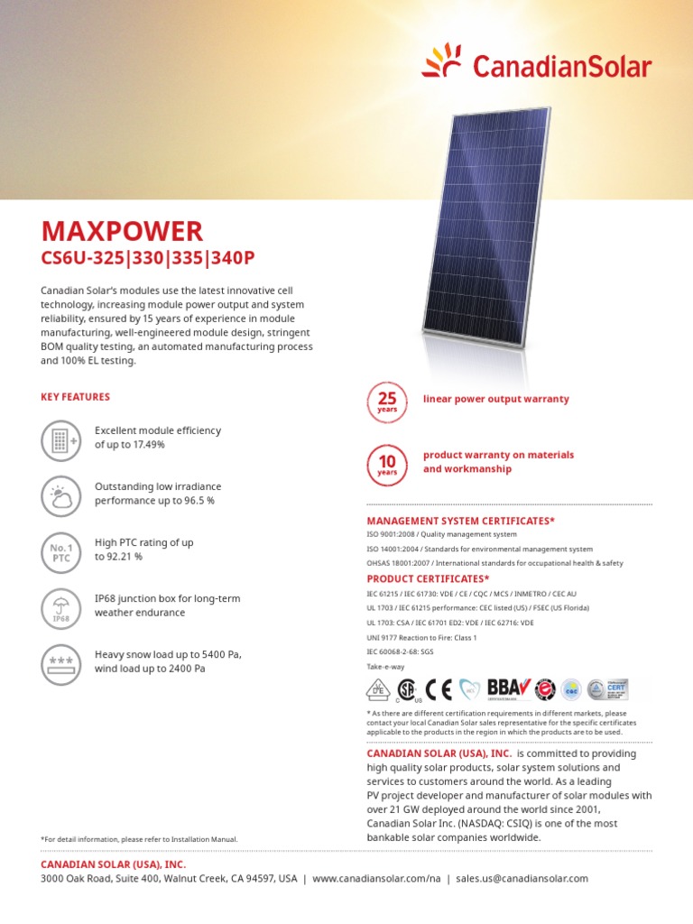 Canadian Solar MaxPower CS6U P Solar Panel Datasheet | PDF | Fuse ...