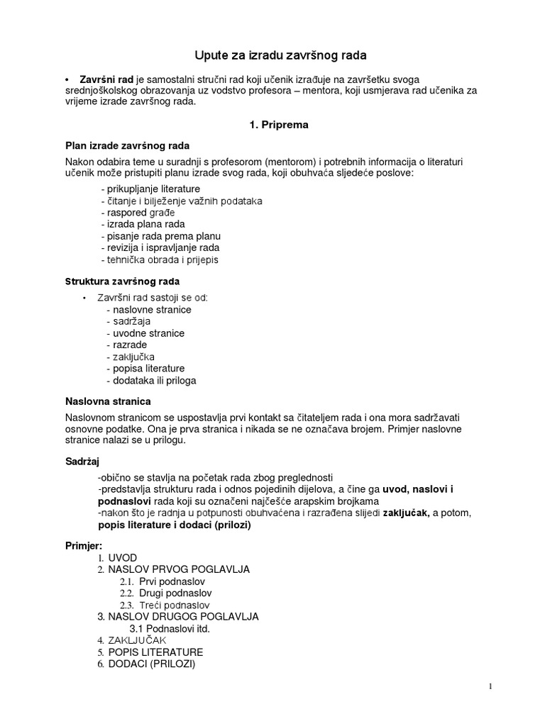 Upute Za Izradu Zavrsnog Rada | PDF