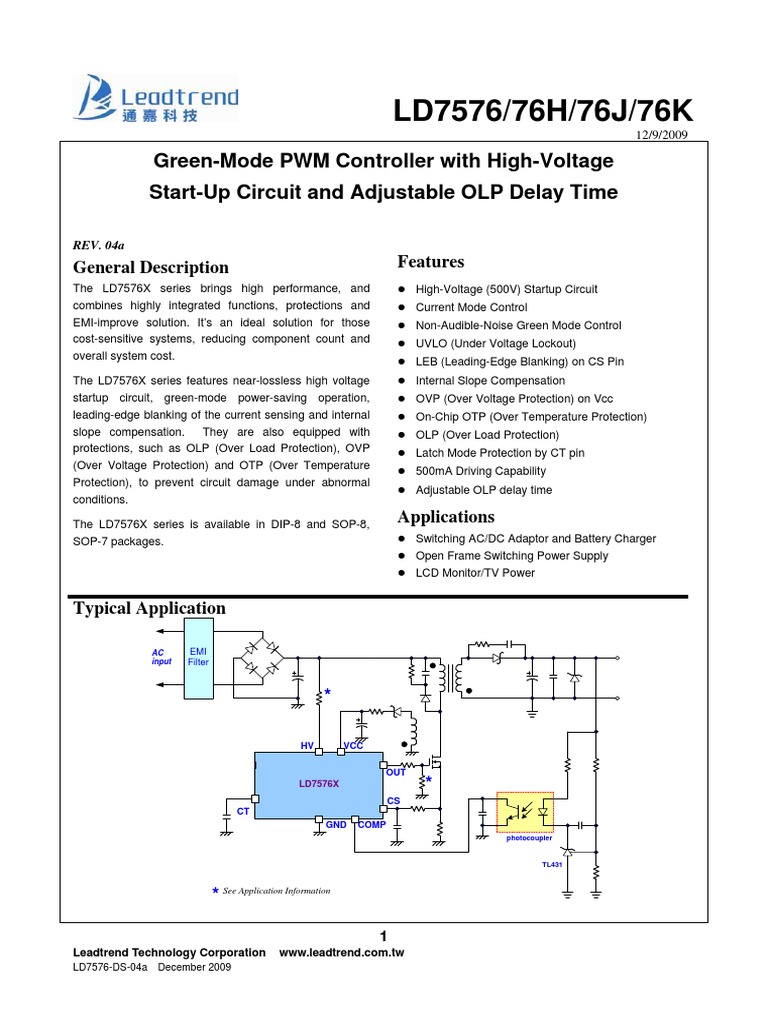 LD7576PS Green-Mode PWM Controller With High-Voltage Start-Up Circuit and Adjustable OLP Delay ...