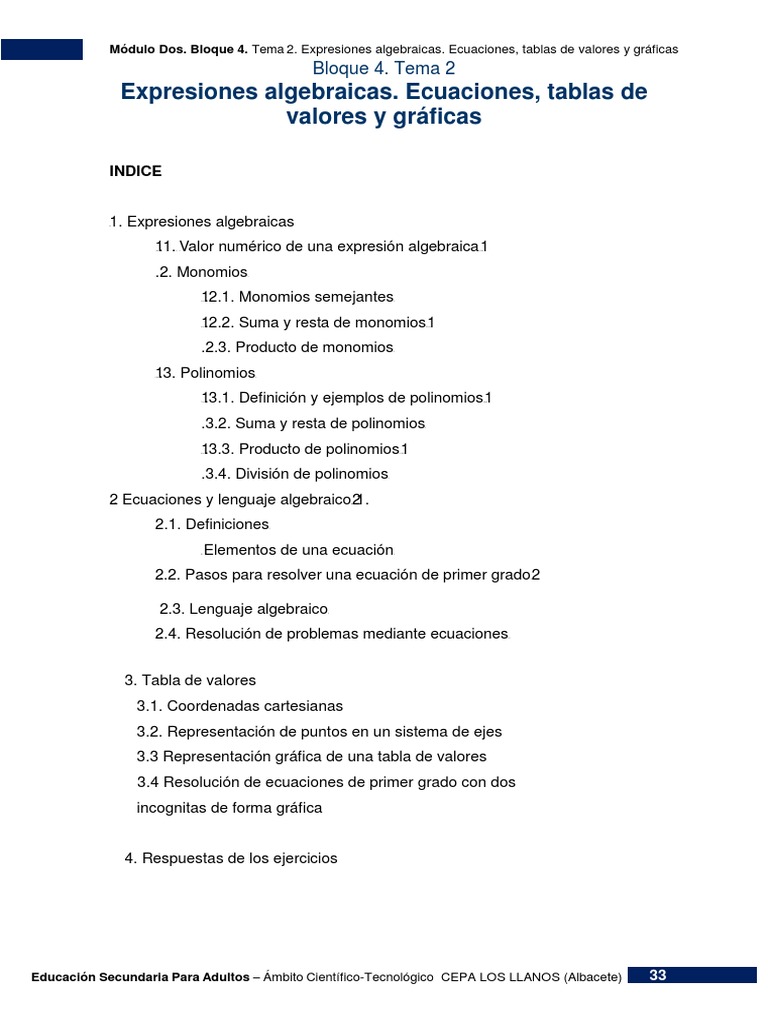 Bloque 4 Tema 2 Expresiones Algebraicas. Ecuaciones y Tablas de Valores y Graficas.1 PDF | PDF ...