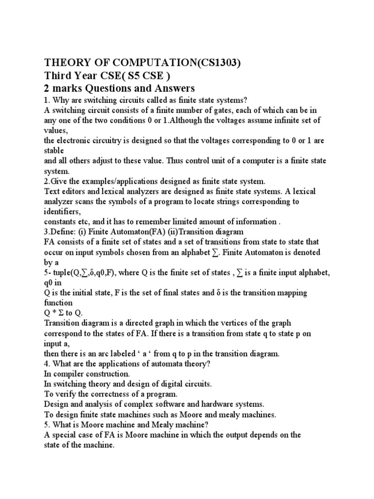 Theory of Computation (Cs1303) Third Year CSE (S5 CSE) 2 Marks Questions and Answers | PDF