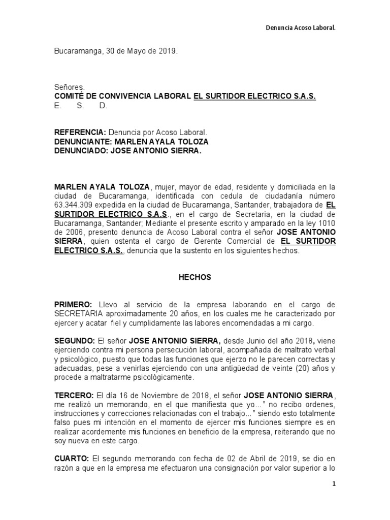 Modelo Denuncia Acoso Laboral Pdf Sociedad Labor