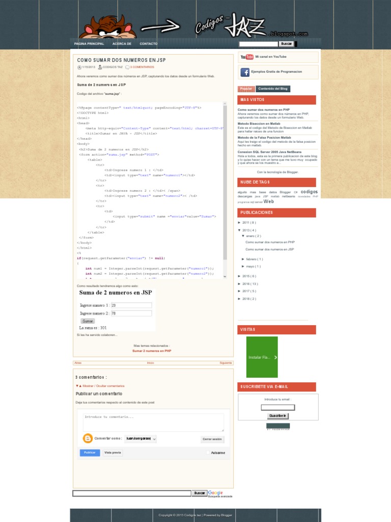 Como Sumar Dos Numeros en JSP - Codigos Taz | PDF | Páginas del servidor Java | Php