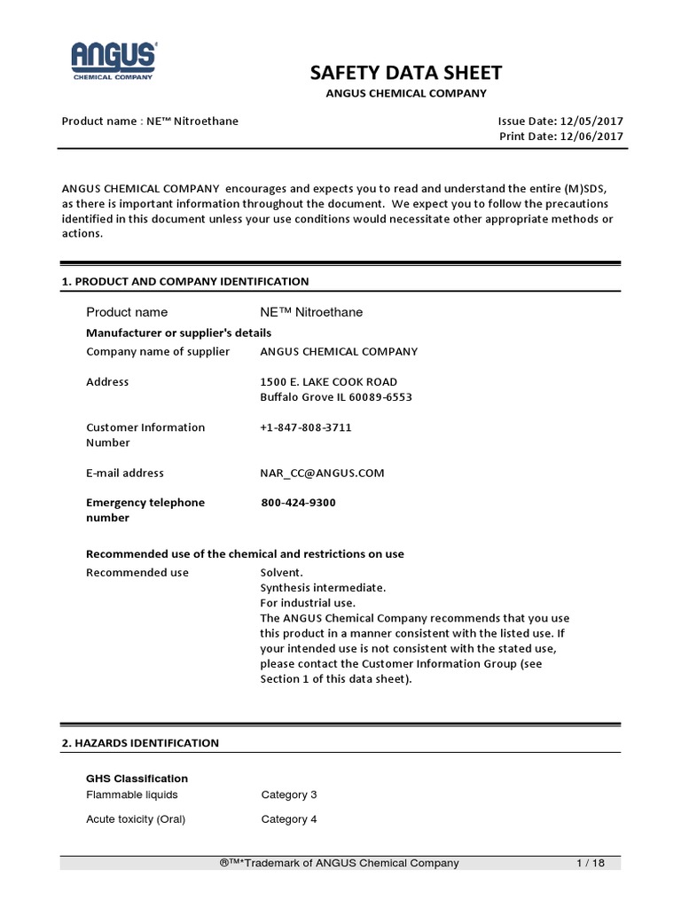 ANGUS NE Nitroethane SDS | PDF | Toxicity | Dangerous Goods