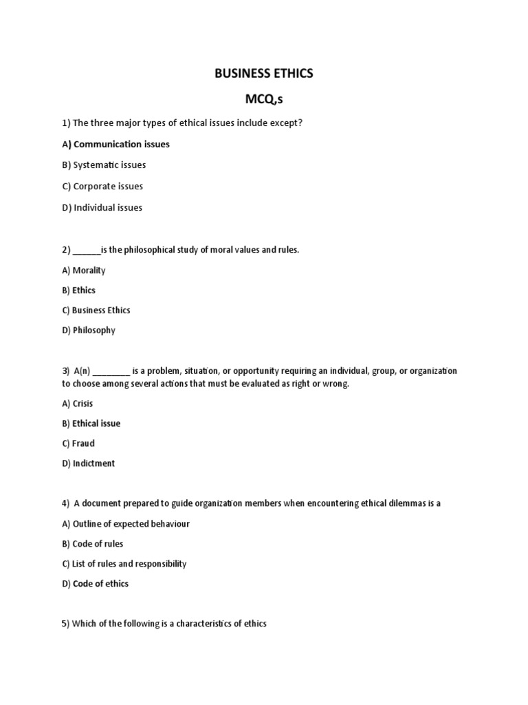 BUSINESS ETHICS MCQ's | PDF | Business Ethics | Corporate Social ...