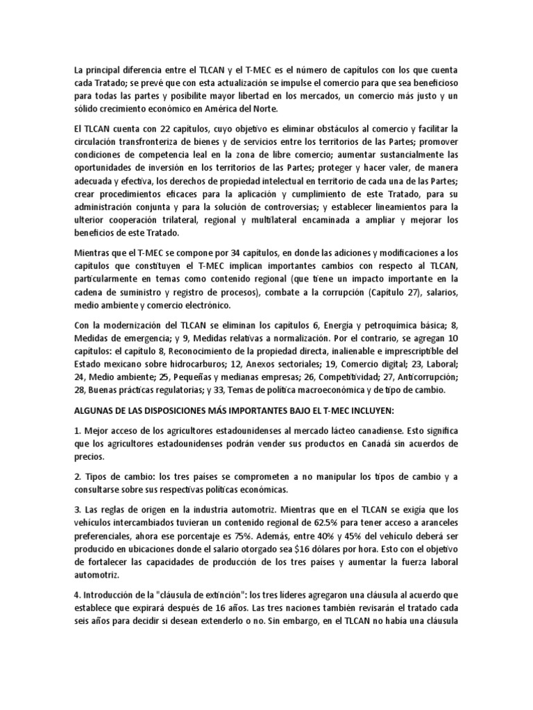 Diferencias Entre El T-MEC y El TLCAN | PDF | Tratado de Libre Comercio Norteamericano ...