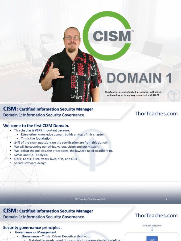 CISM Domain 1 Overview by ThorTeaches | PDF | Lifestyle