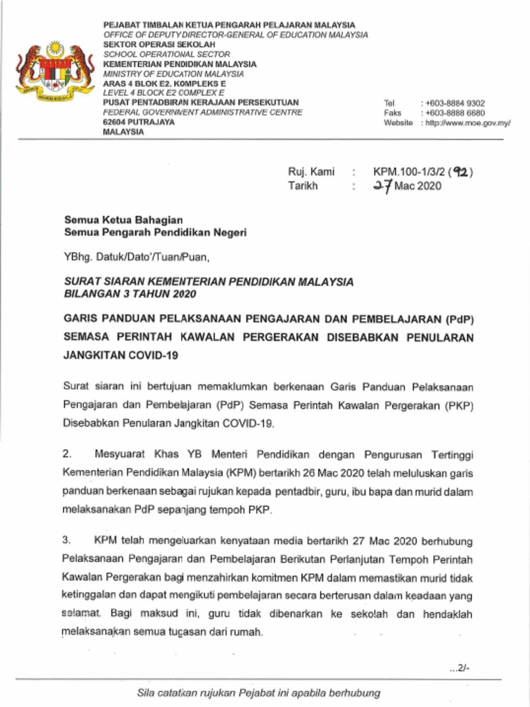 Surat Siaran KPM Bil 3 Tahun 2020 - GP PDP Semasa PKP PDF | PDF