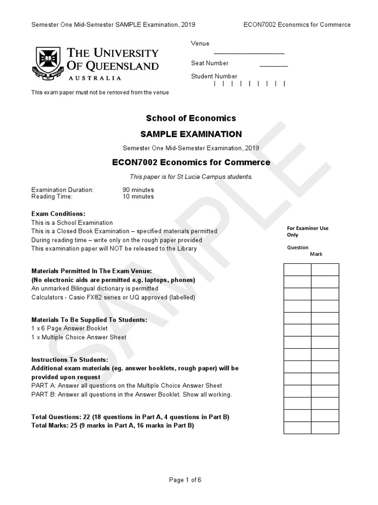 ECON7002 Mid-Semester Exam Sample | PDF | Demand | Price Elasticity Of ...