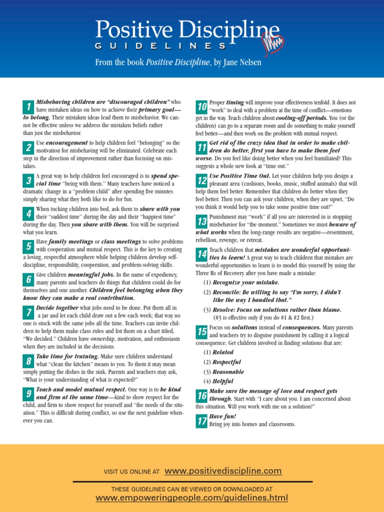 Positive Discipline Guidelines Jane Nelsen PDF | PDF | Teachers ...