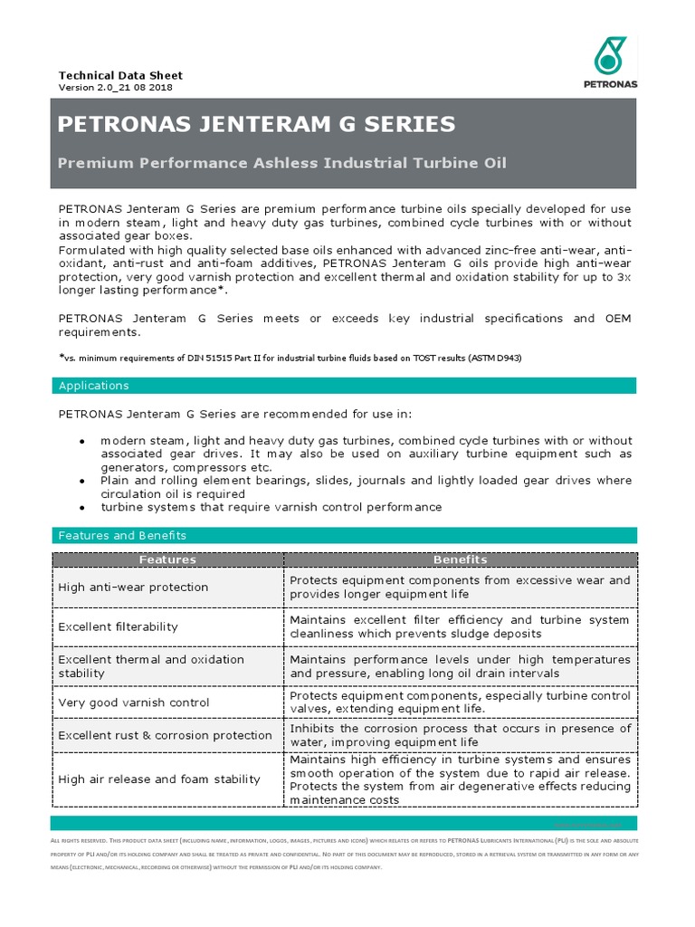 Petronas Jenteram G Series Overview | PDF | Gas Turbine | Motor Oil