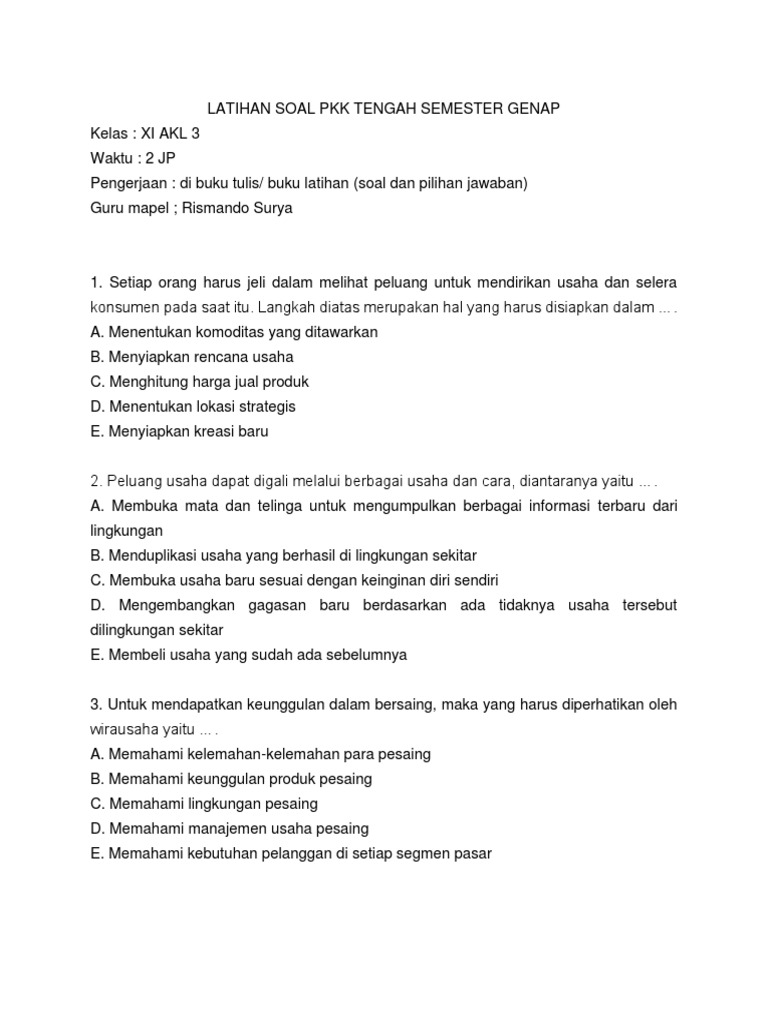 Latihan Soal PKK Tengah Semester Genap | PDF | Seni