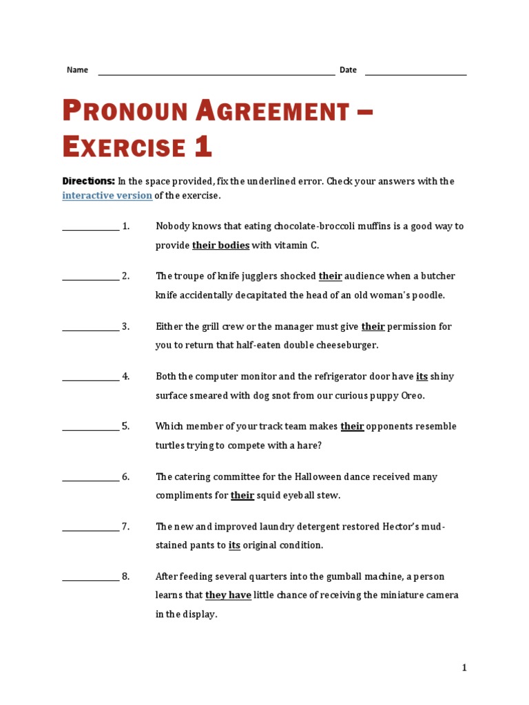 Pronoun Agreement-Exercises English Grammar PDF | PDF
