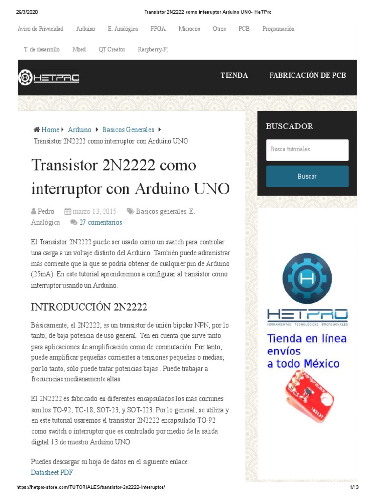Transistor 2N2222 Como Interruptor Arduino UNO - HeTPro | PDF | Transistor | Arduino