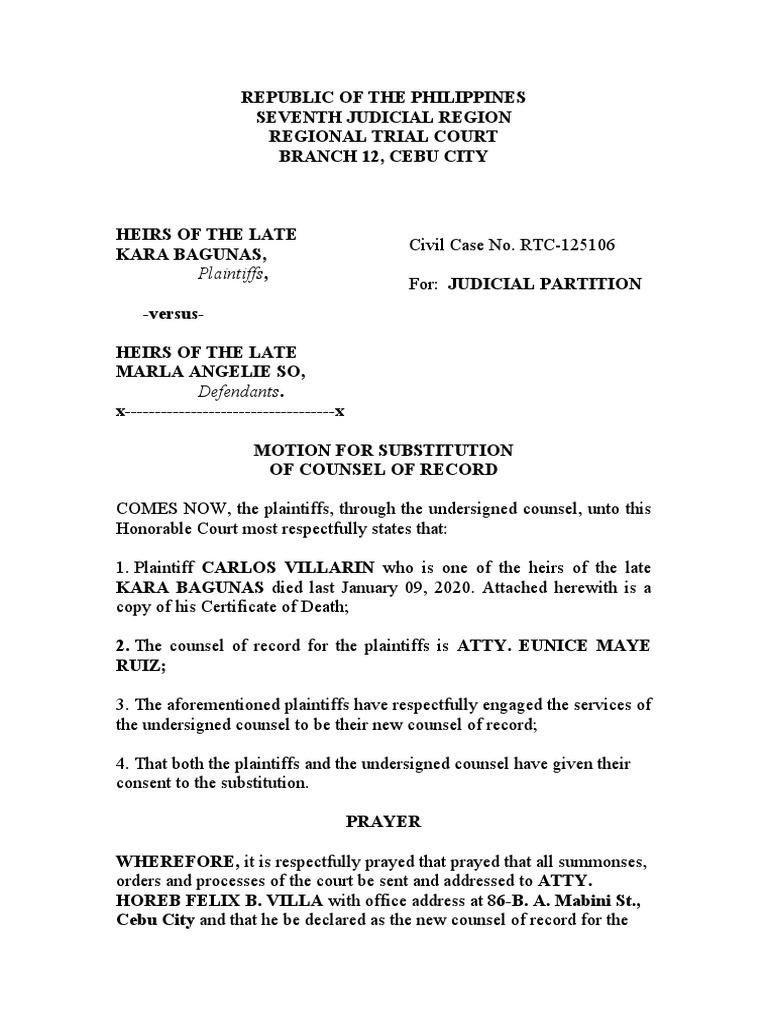 Motion For Substitution of Counsel | PDF | Affidavit | Civil Law ...