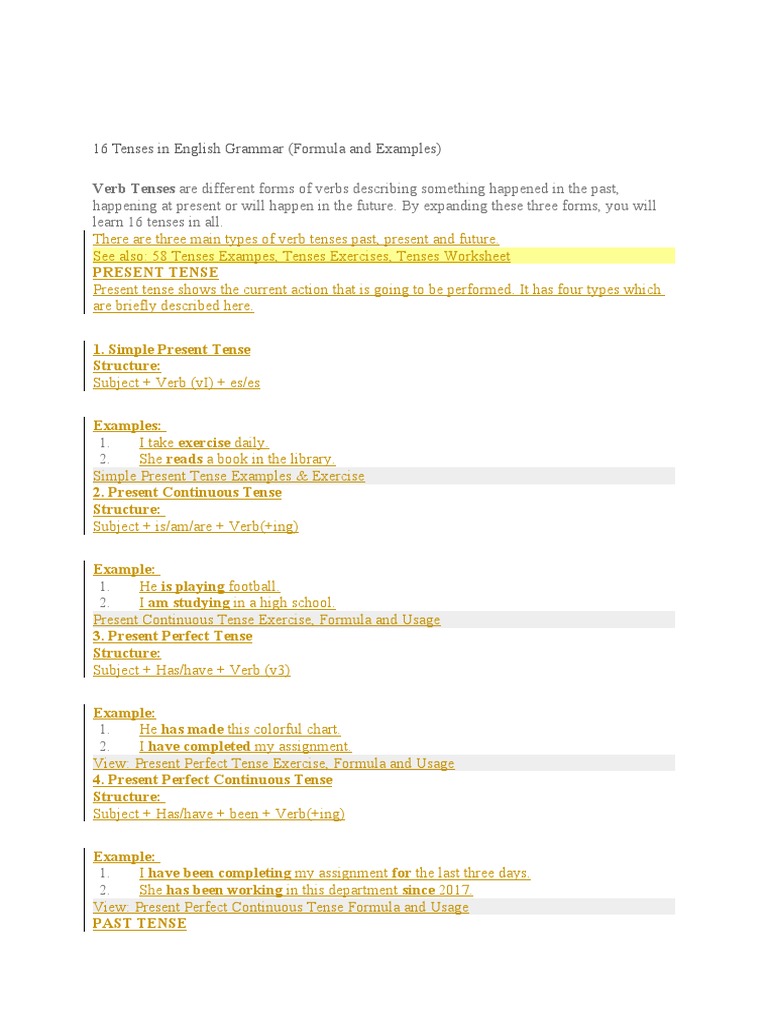 16 Tenses in English Grammar | PDF | Grammatical Tense | Perfect (Grammar)