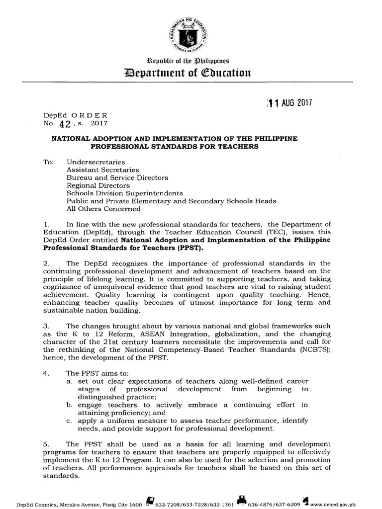 DepEd Order 42, S. 2017 - National Adoption and Implementation of The ...
