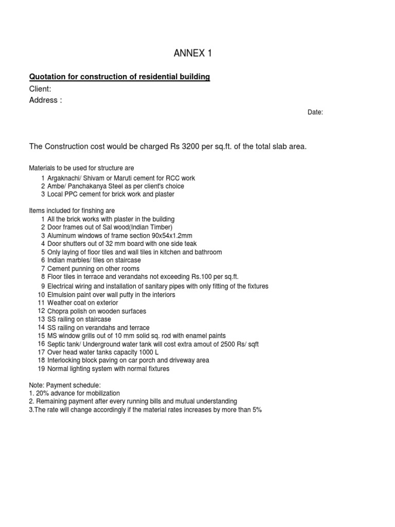 Residential Building Construction Quotation | PDF | Home & Garden ...