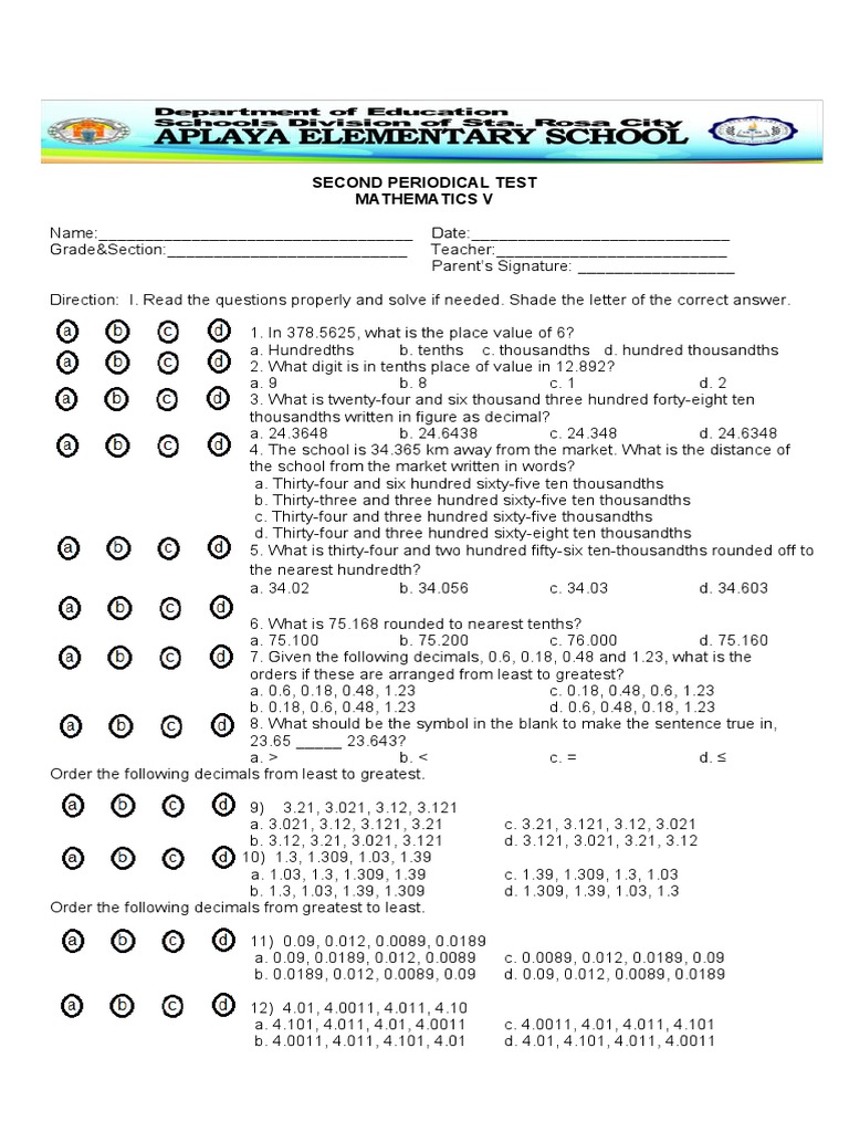 2ND PT - MATH 5 With TOS | PDF | Ratio | Fraction (Mathematics)