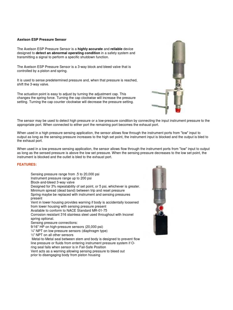 Axelson ESP Pressure Sensor PDF | PDF | Valve | Gases