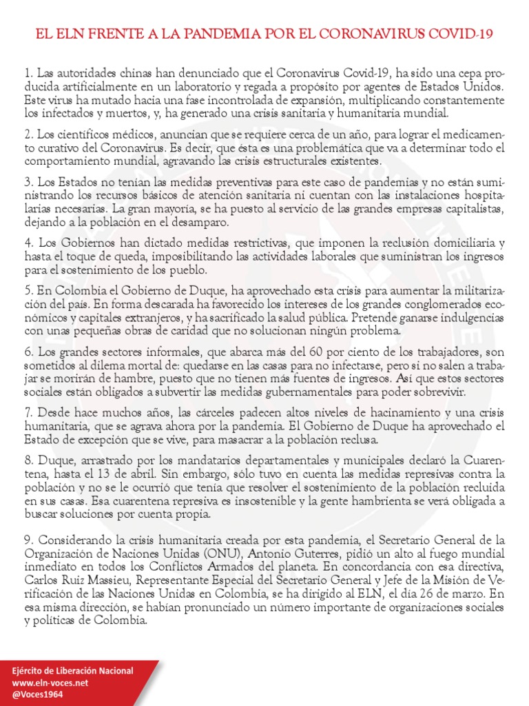 Comunicado Del Eln | PDF | Gobierno | Bienestar