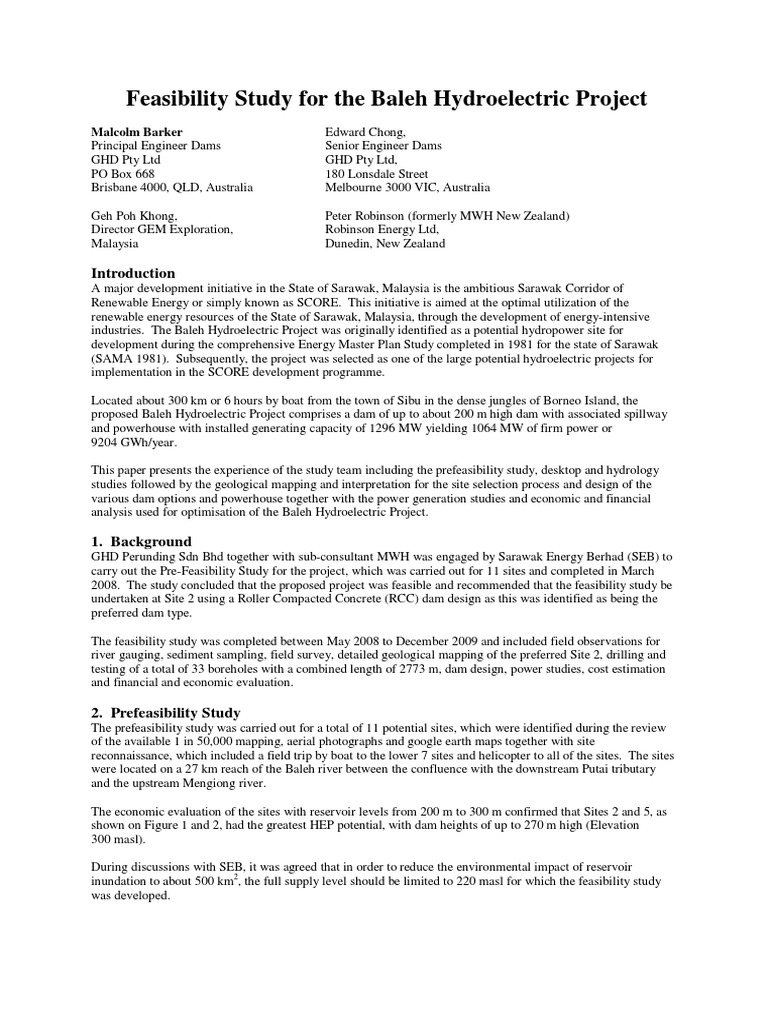 Baleh Hydroelectric Feasibility Study | PDF | Spillway | Dam