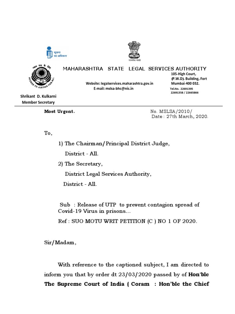 Letter to principal district judge for release of under trials | Bail ...