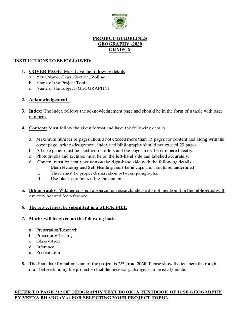 Geography 2020 - 21 - Grade 10 Project Guidelines | PDF