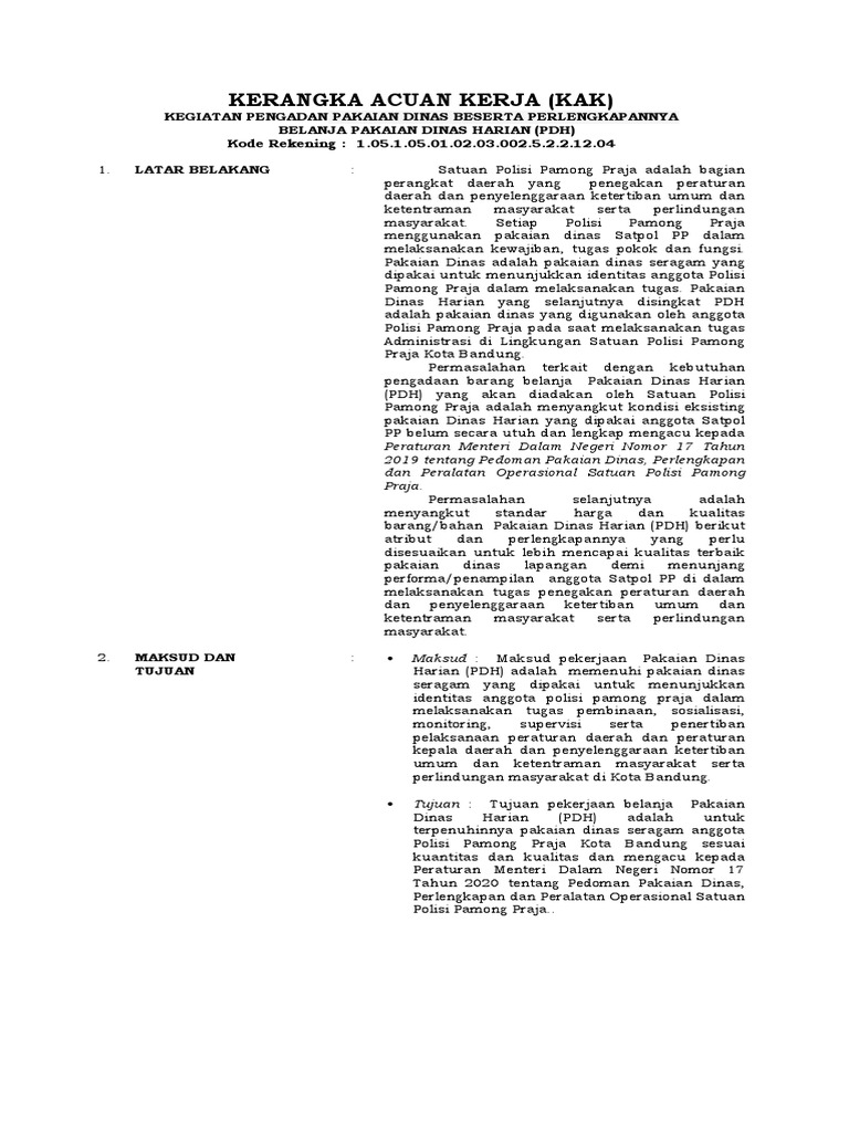 KAK PDH Spek Teknis Dan Gambar | PDF