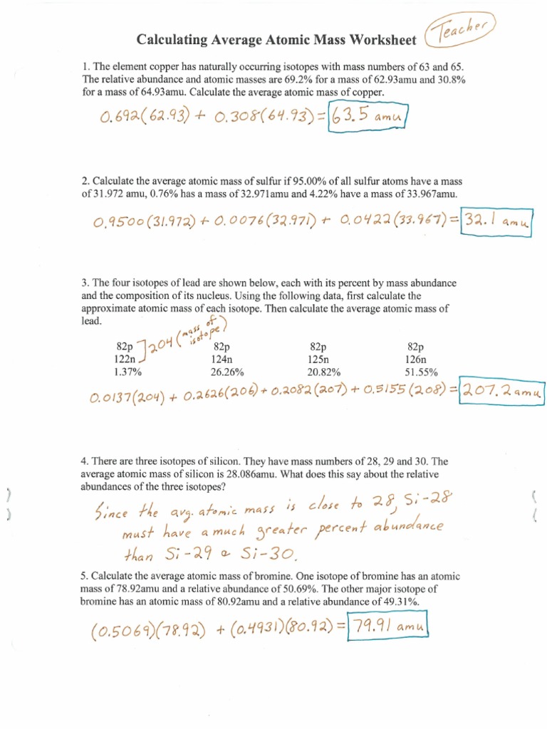 ChemE - AMU and Percent Abundance Worksheet Answers | PDF