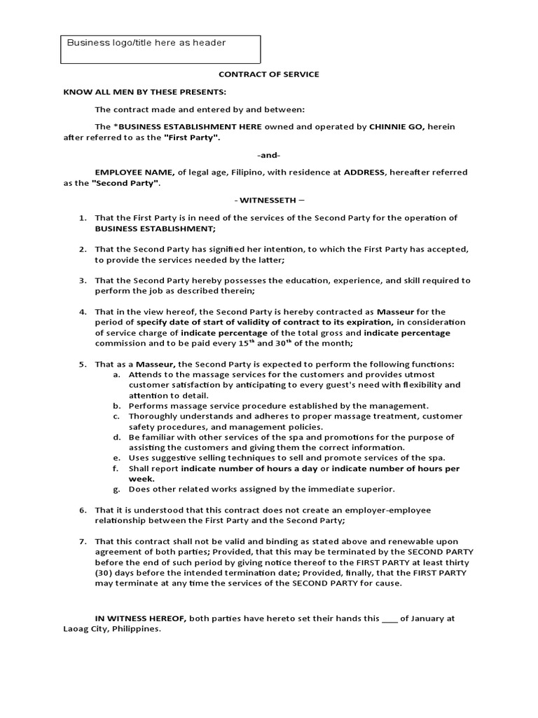 Sample Contract of Employment For Spa | PDF | Massage | Common Law