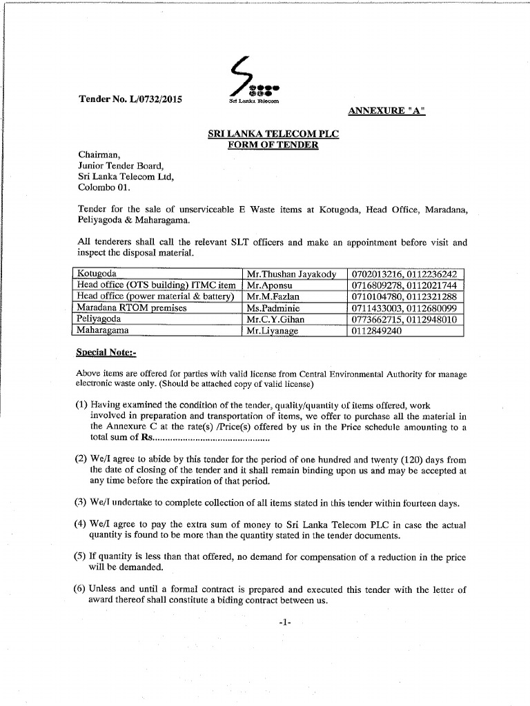 SLT Tender Form | PDF