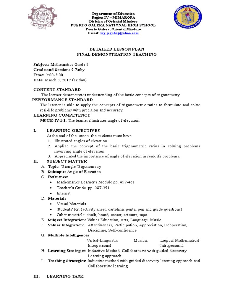 Detailed Lesson Plan | PDF | Trigonometric Functions | Elementary ...