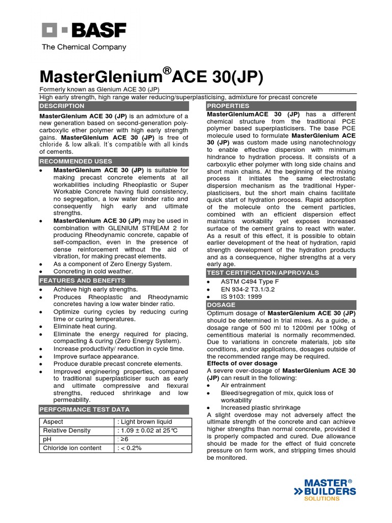 TDS - MasterGlenium ACE 30 (JP) | PDF | Concrete | Materials