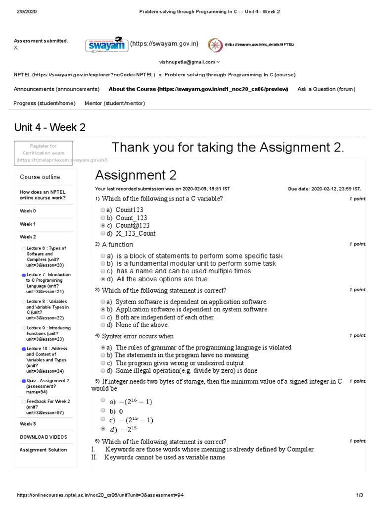 NPTEL Week 2 Solution C 2020 | PDF | Reserved Word | Computer Science
