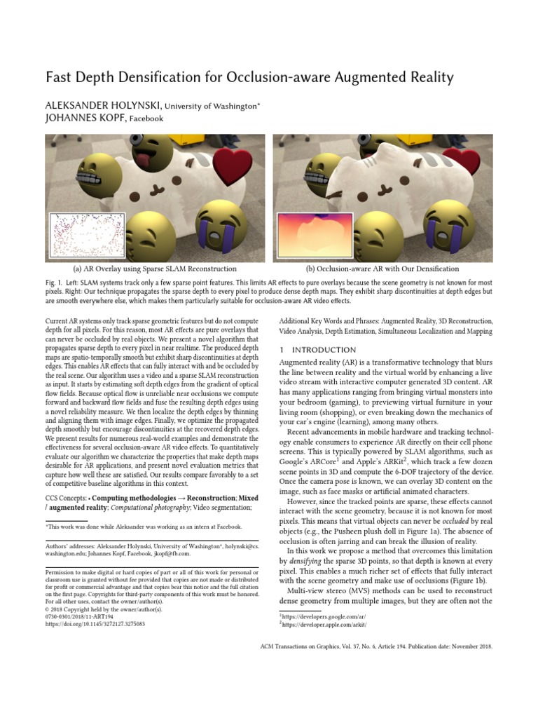 Fast Depth Densification For Occlusion Aware Augmented Reality Pdf Texture Mapping Video
