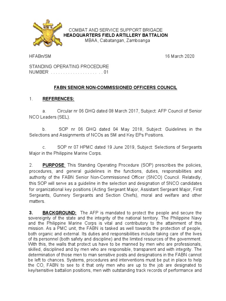 FABN Senior NCO Council SOP | PDF | Non Commissioned Officer | Sergeant