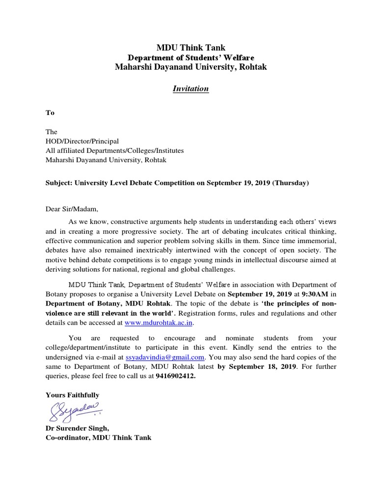 MDU Think Tank Invitation Letter For University Level Debate ...