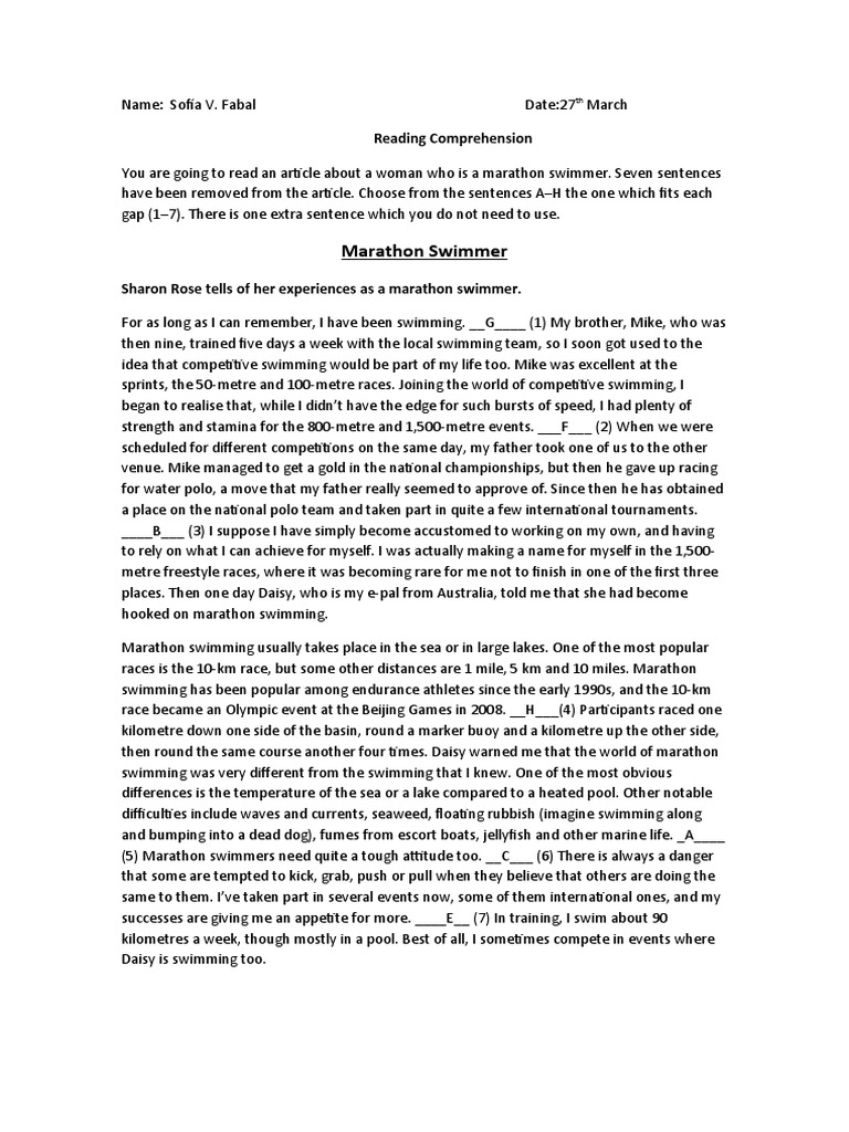 Reading Comprehension Claudia Estefania | PDF | Swimming (Sport ...